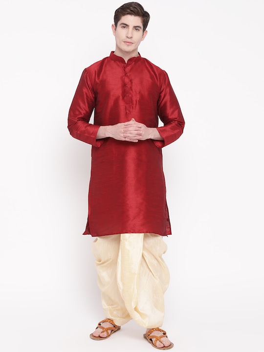 Myntra - MAG - Men Maroon & Cream-Coloured Solid Kurta with Dhoti Pants | CatchMyCoupon